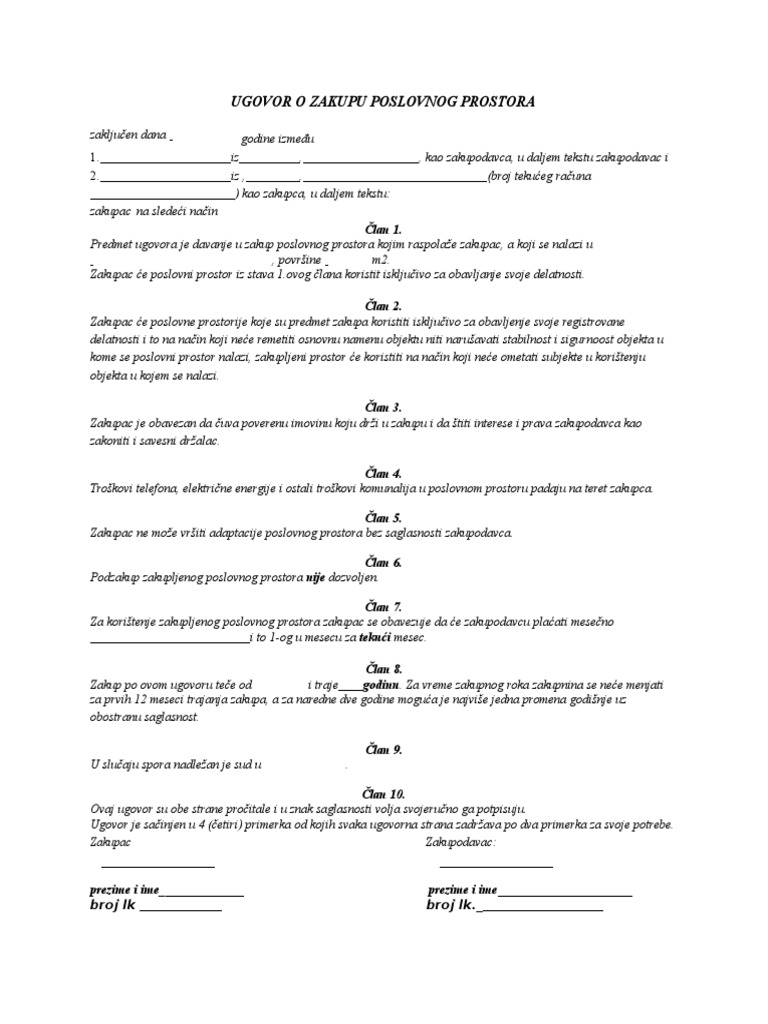Ugovor o Zakupu Poslovnog Prostora | PDF