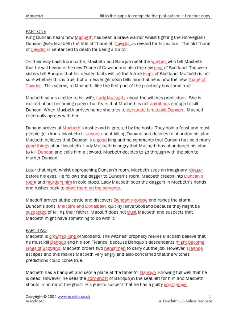 Macbeth Fill in The Gaps To Complete The Plot Outline Teacher | PDF