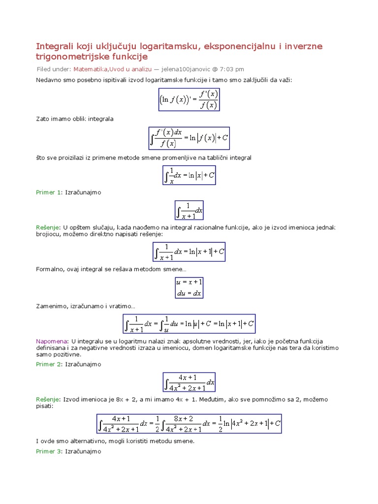 Integrali Koji Uključuju Logaritamsku, Eksponencijalnu I Inverzne Trigonometrijske Funkcije | PDF