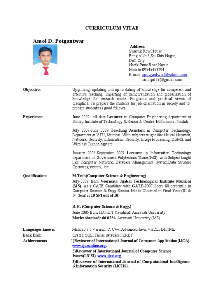 Amol D. Potgantwar: Curriculum Vitae | PDF | Cognitive Radio | Databases