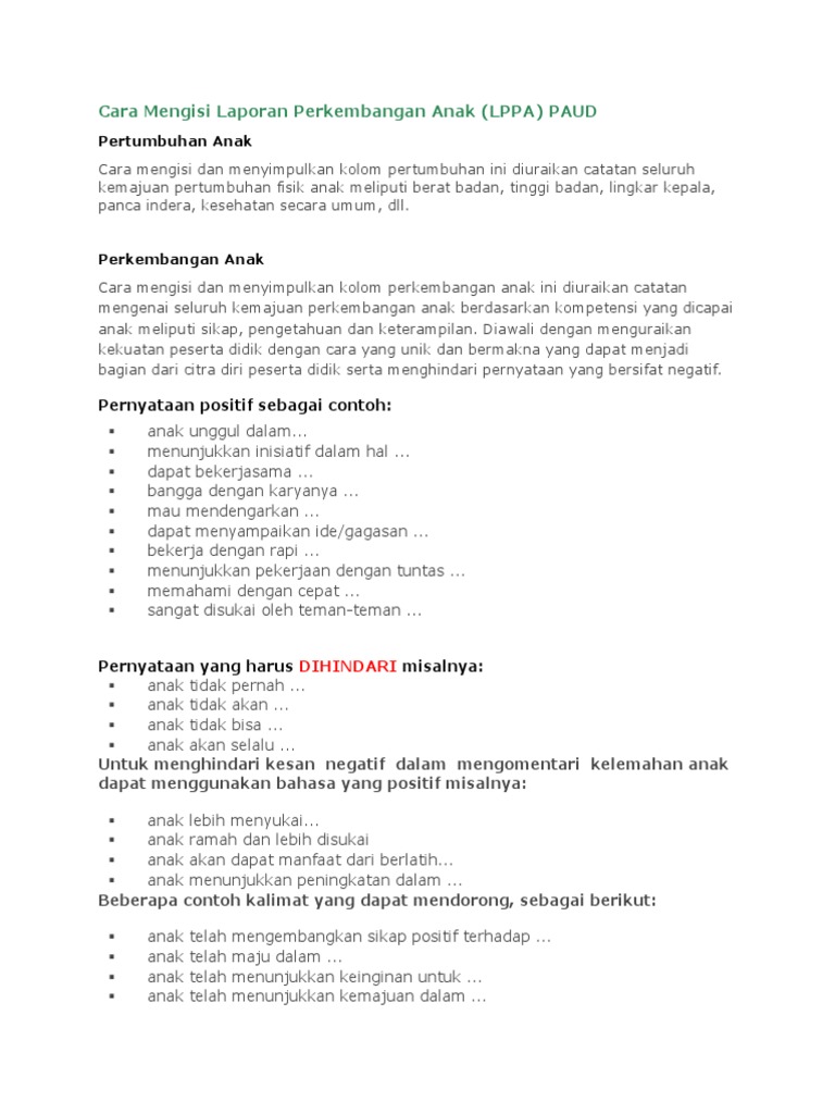 Cara Mengisi Laporan Perkembangan Anak | PDF | Karier & Perkembangan | Pengembangan Diri