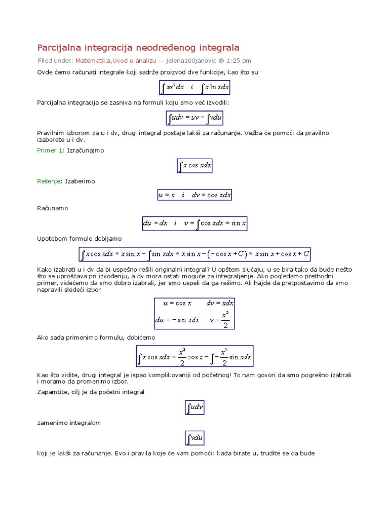 Parcijalna Integracija Neodređenog Integrala | PDF