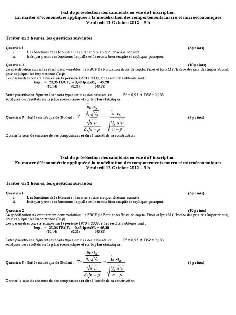 Epreuve-Test Ecrit - de Sélection | PDF | Économie | Économie