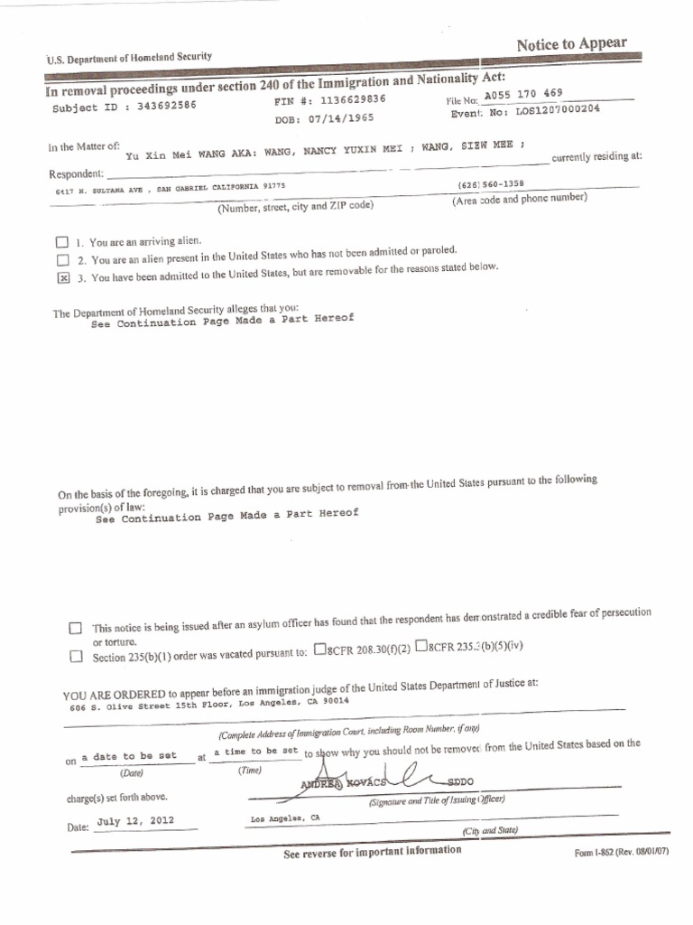 Yuxin Mei Wang ICE Notice To Appear | PDF