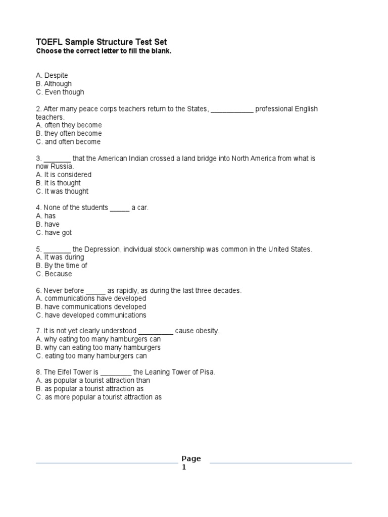 TOEFL Sample Structure Test Set | PDF