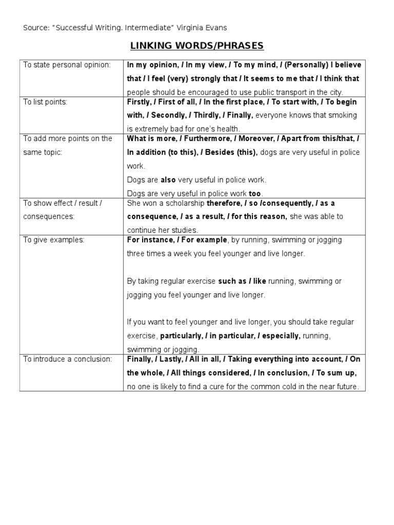 Linking Words/Phrases: Source: "Successful Writing. Intermediate ...