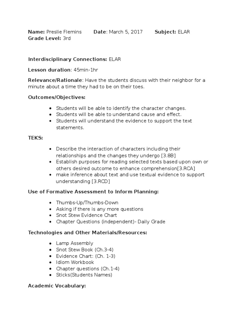 Snot Stew Lesson Plan | PDF | Reading Comprehension | Education Theory