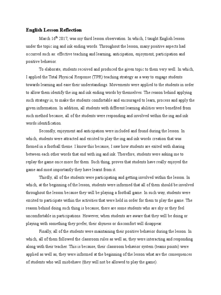 English Lesson Reflection | PDF | Learning | Teaching
