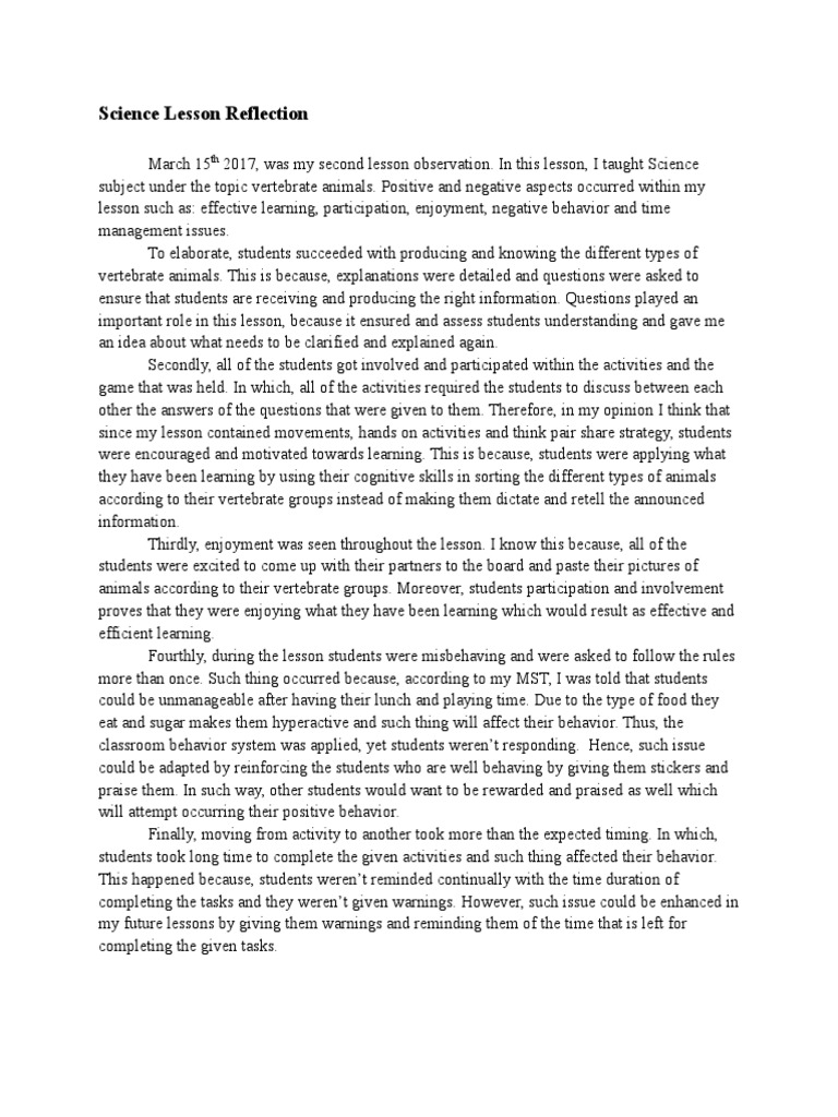 Science Lesson Reflection | Reinforcement | Learning