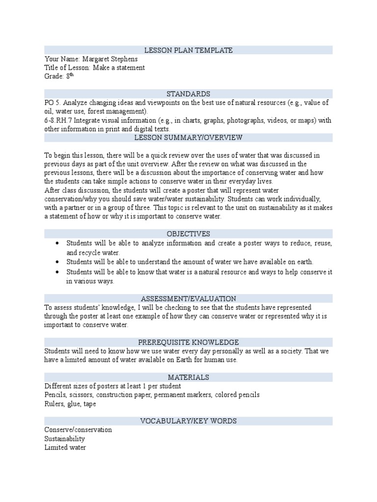 Lesson Plan Water Conservation | PDF | Poster | Sustainability