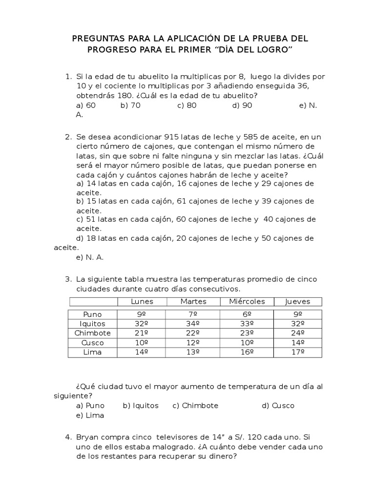 Preguntas para La Aplicación de La Prueba Del Progreso para El Primer ...