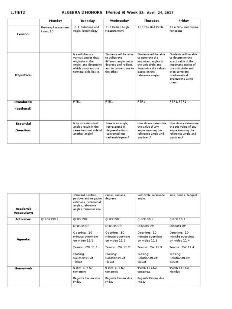 Algebra 2 Honors Week 32 Overview | PDF | Trigonometric Functions | Angle