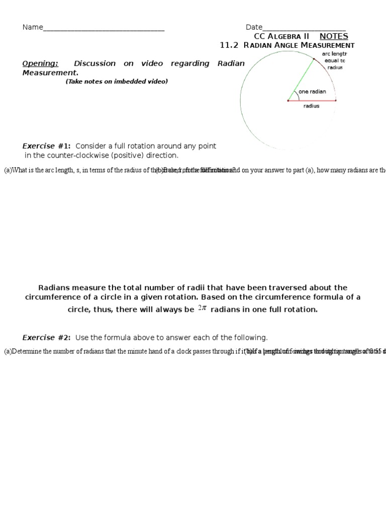 11 2 Radian Angle Measure Student | PDF | Angle | Rotation
