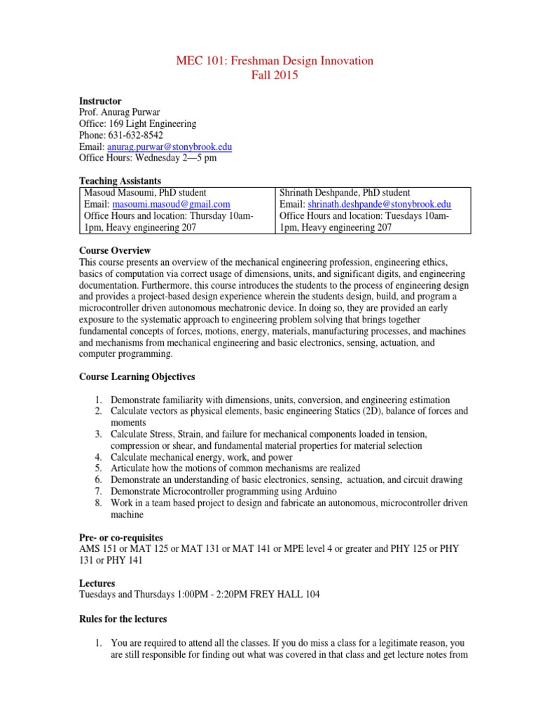 Mec 101 Syllabus | PDF | Engineering | Academic Integrity