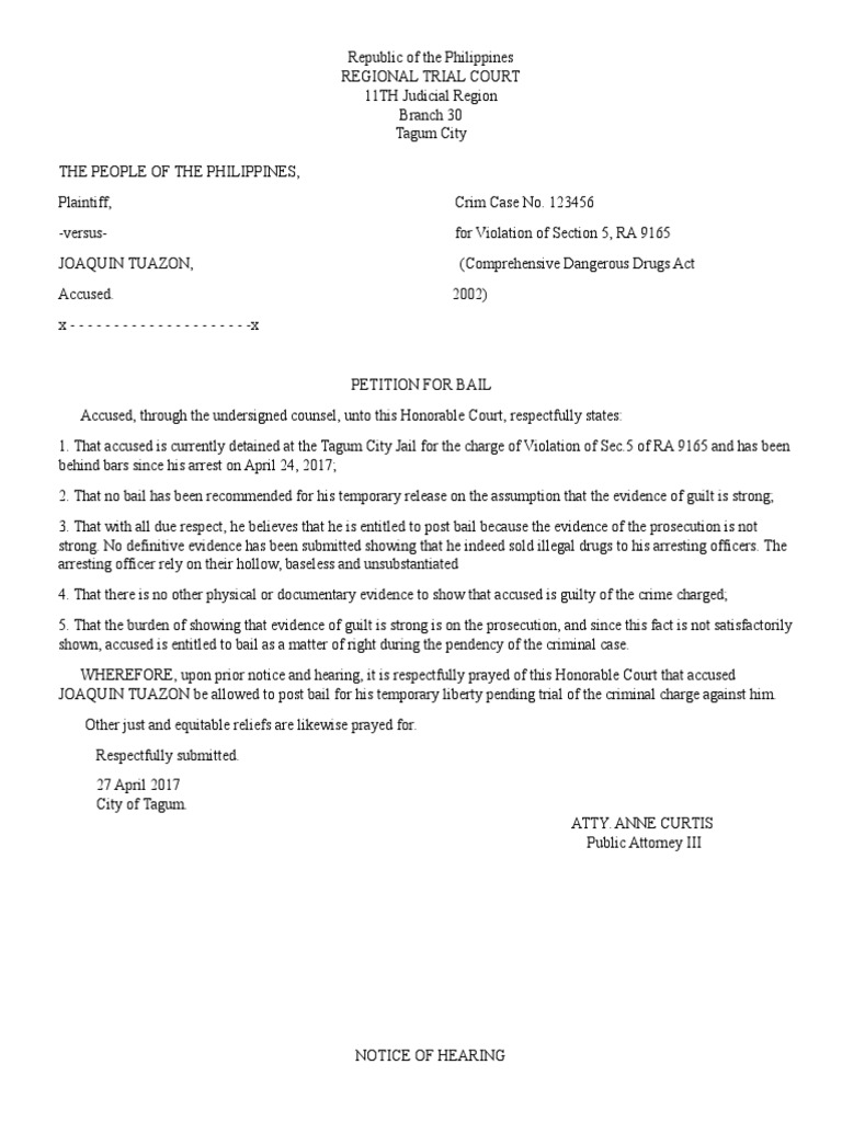 Petition For Bail | PDF | Bail | Prosecutor