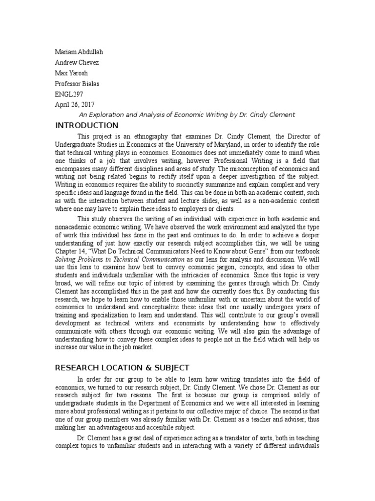 An Exploration and Analysis of Economic Writing by Dr. Cindy Clement ...