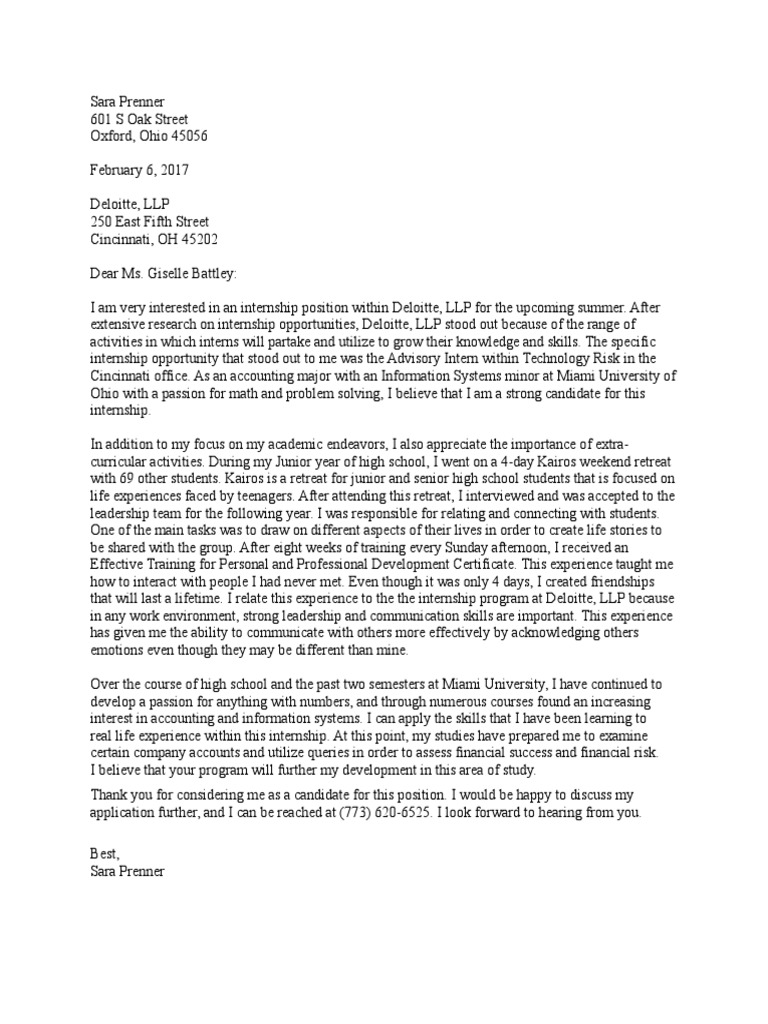 Deloitte Cover Letter | PDF | Internship | Job Hunting