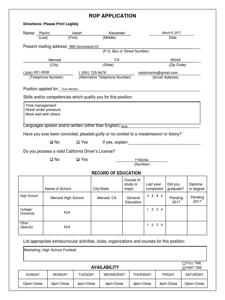 Rop Job Application With Availability - Fillable For Website | PDF ...