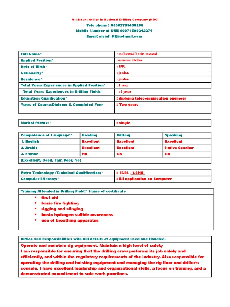 Assistant Driller CV for NDC Position | PDF