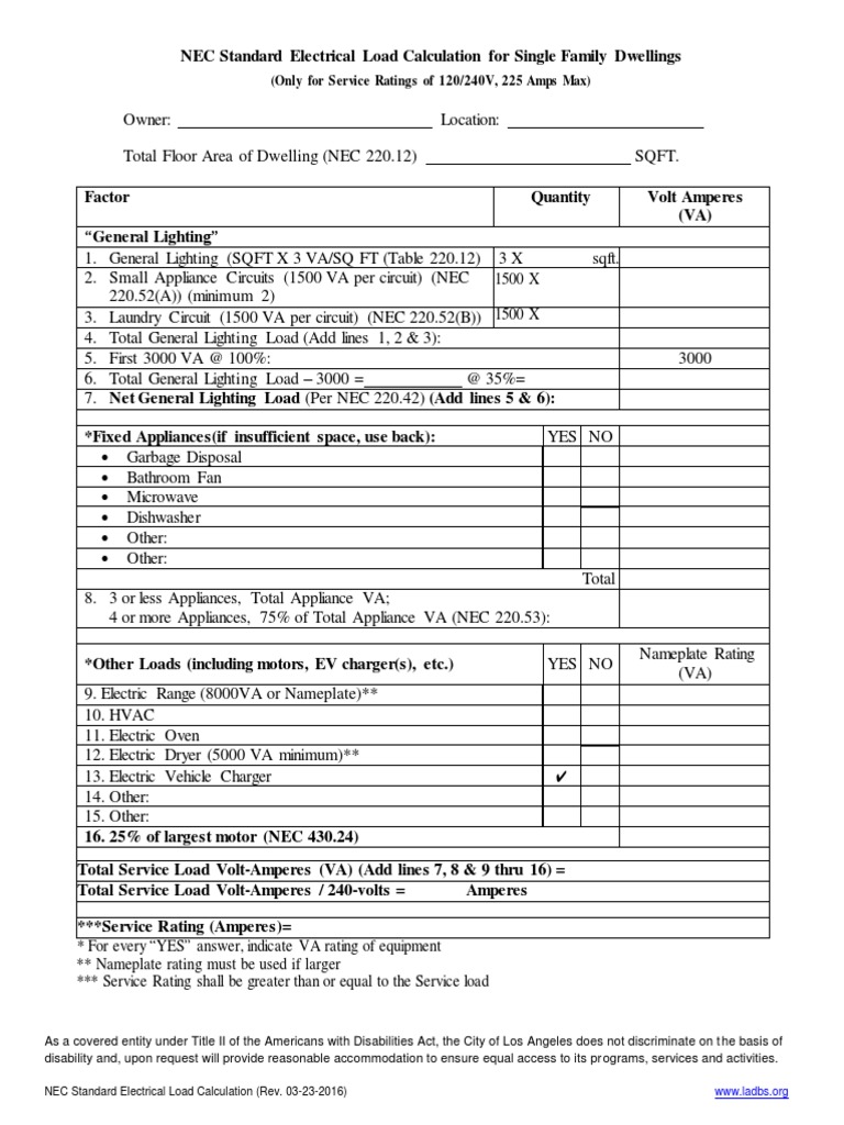 SFD Electrical Vehicle Charger Service Load Calculation Form in Form 00 ...