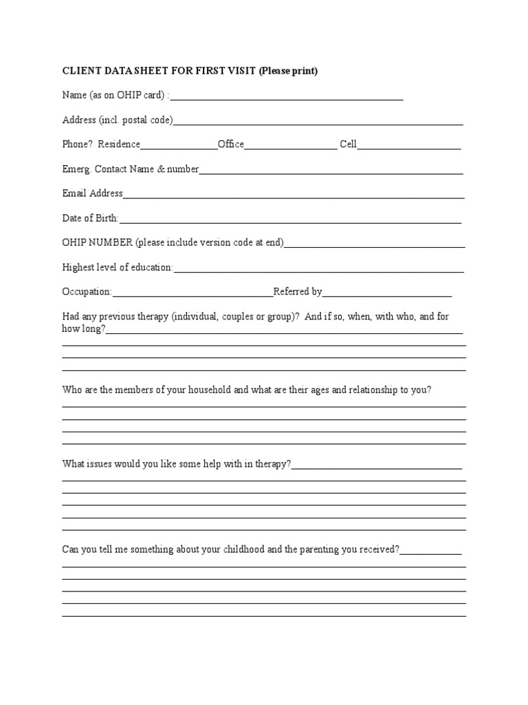 Client Data Sheet For First Visit | PDF