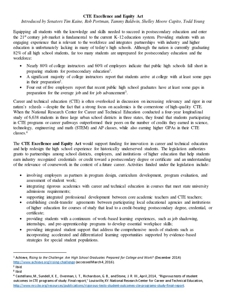 CTE Excellence and Equity Act Fact Sheet | PDF | Vocational Education ...