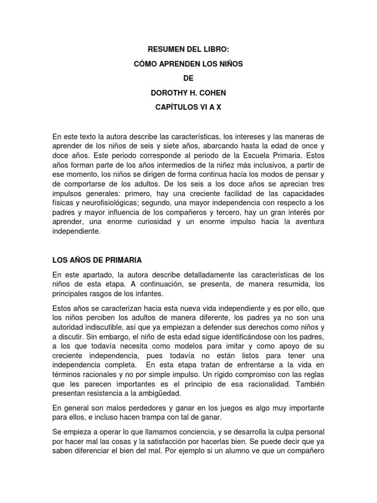 Resumen Del Libro Como Aprenden Los Niños | Aprendizaje | Educación primaria