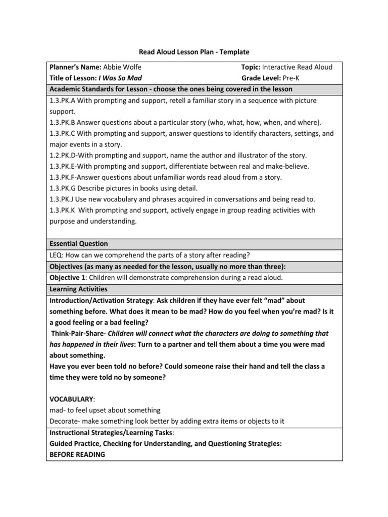 Lesson Plan I Was So Mad 2 | PDF | Reading Comprehension | Educational ...