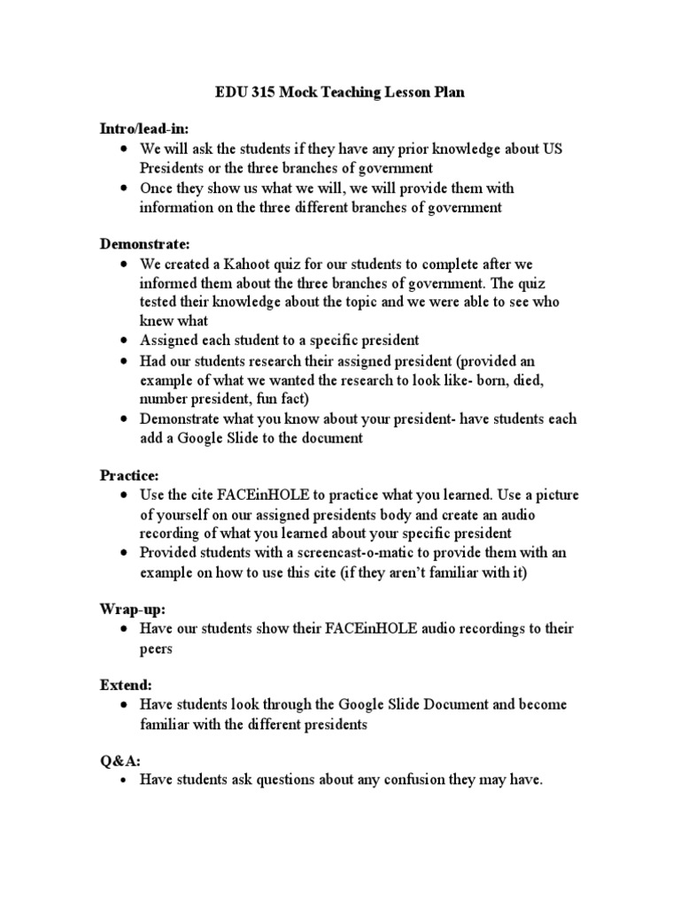Mock Teaching Lesson Plan Edu 315 | PDF