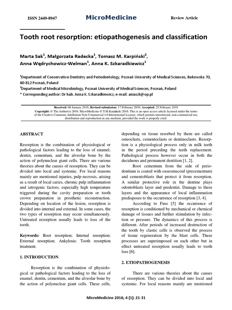 Tooth Root Resorption: Etiopathogenesis and Classification ...