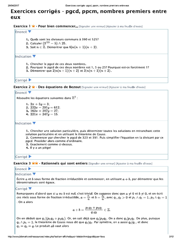 Exercices Corrigés - PGCD, PPCM, Nombres Premiers Entre Eux PDF | PDF