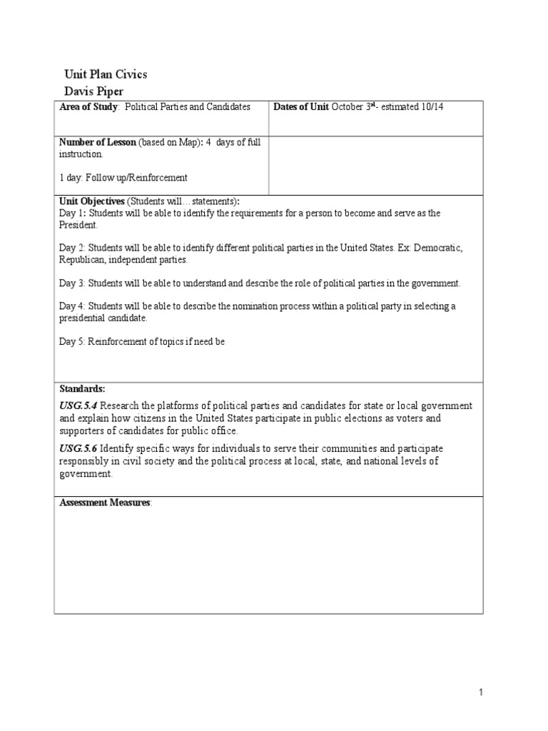 Unit Plan Civics Davis Piper: Area of Study: Political Parties and ...