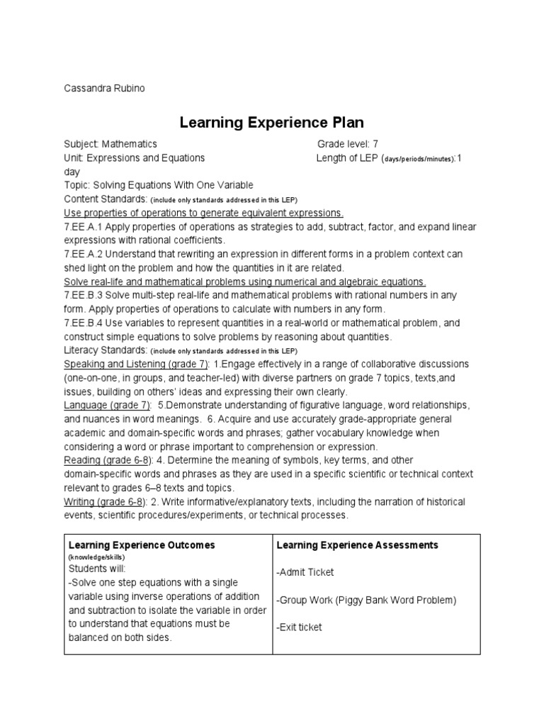 Learning Experience Plan: Days/periods/minutes) | PDF | Equations ...