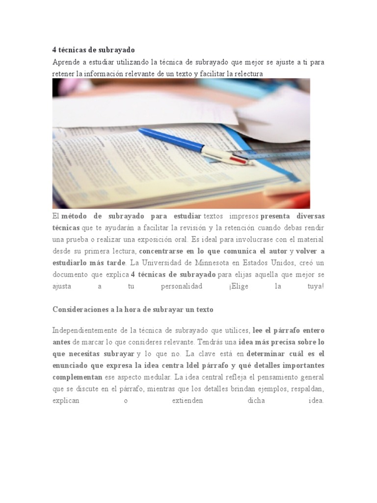 4 Técnicas de Subrayado | PDF | Lectura (proceso) | Ciencia cognitiva