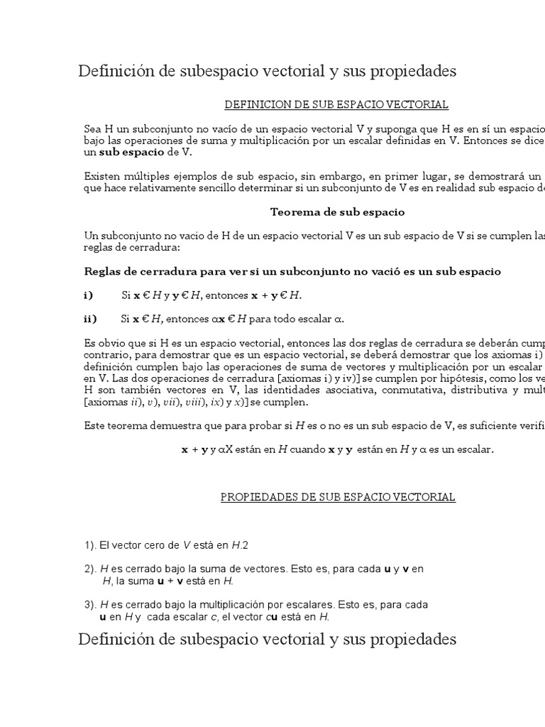 Definición de Subespacio Vectorial y Sus Propiedades | PDF | Escalar ...
