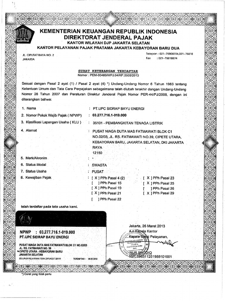 WP02 Sidrap-SKT (Tax Registration Certificate) & NPWP (Tax ID) | PDF