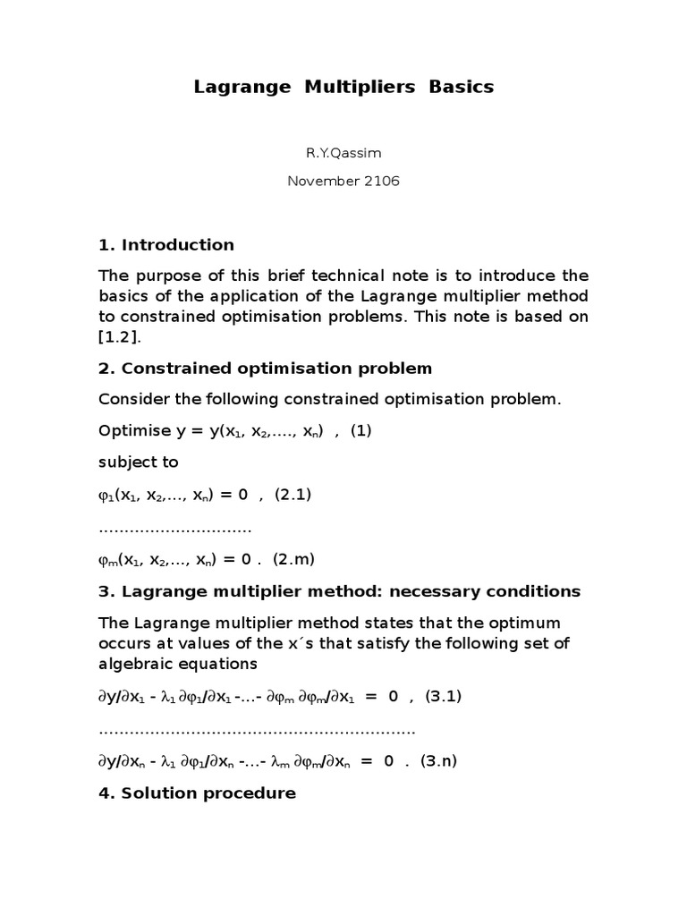 Lagrange Multipliers Basics | PDF | Mathematical Optimization | Equations