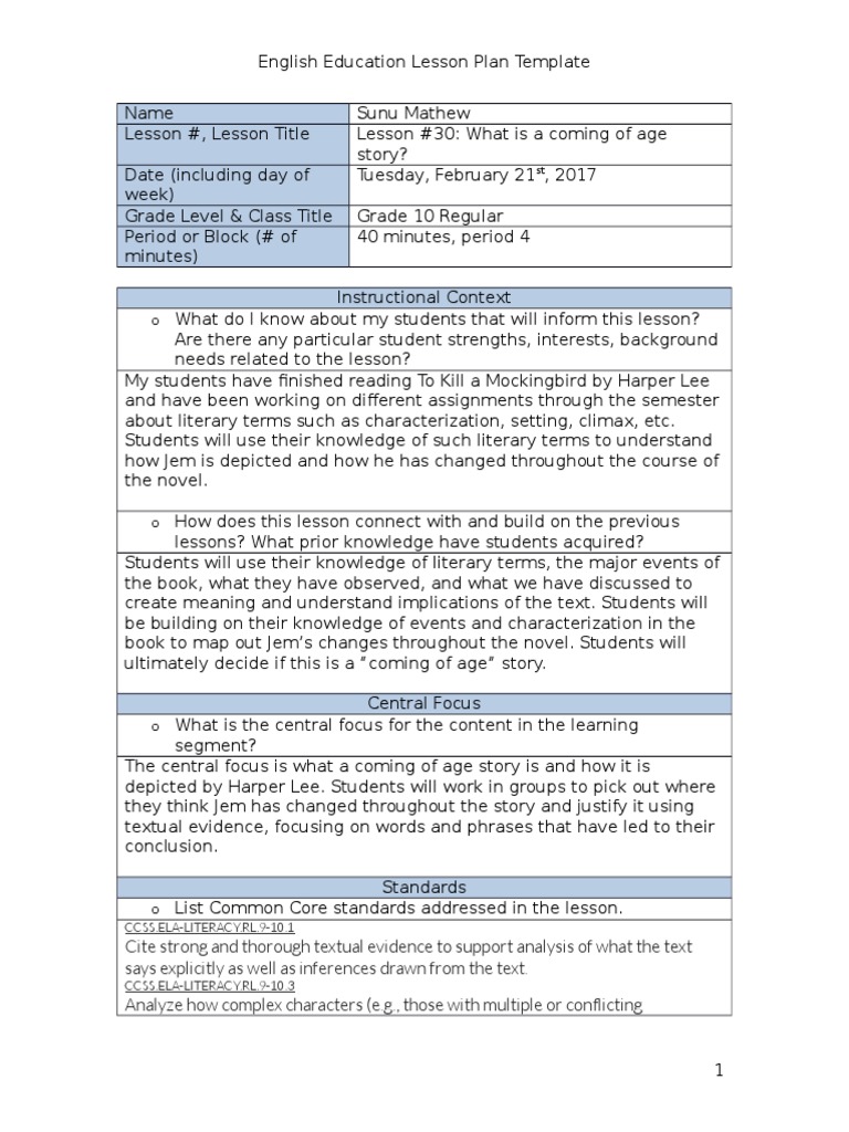 Tkamlessonplan | PDF | Lesson Plan | Educational Assessment