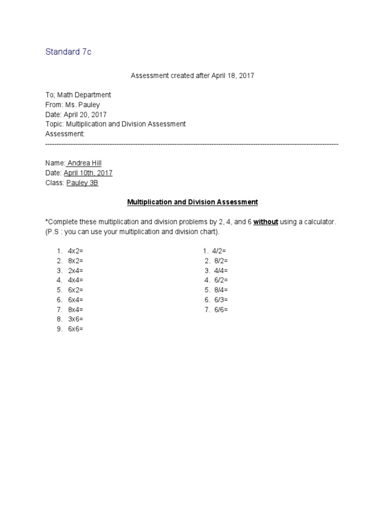 Standard 7c: Multiplication and Division Assessment | PDF