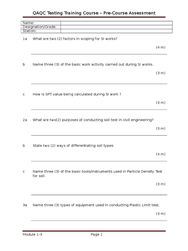 QAQC Testing Training Course - Pre-Course Assessment | PDF | Materials ...