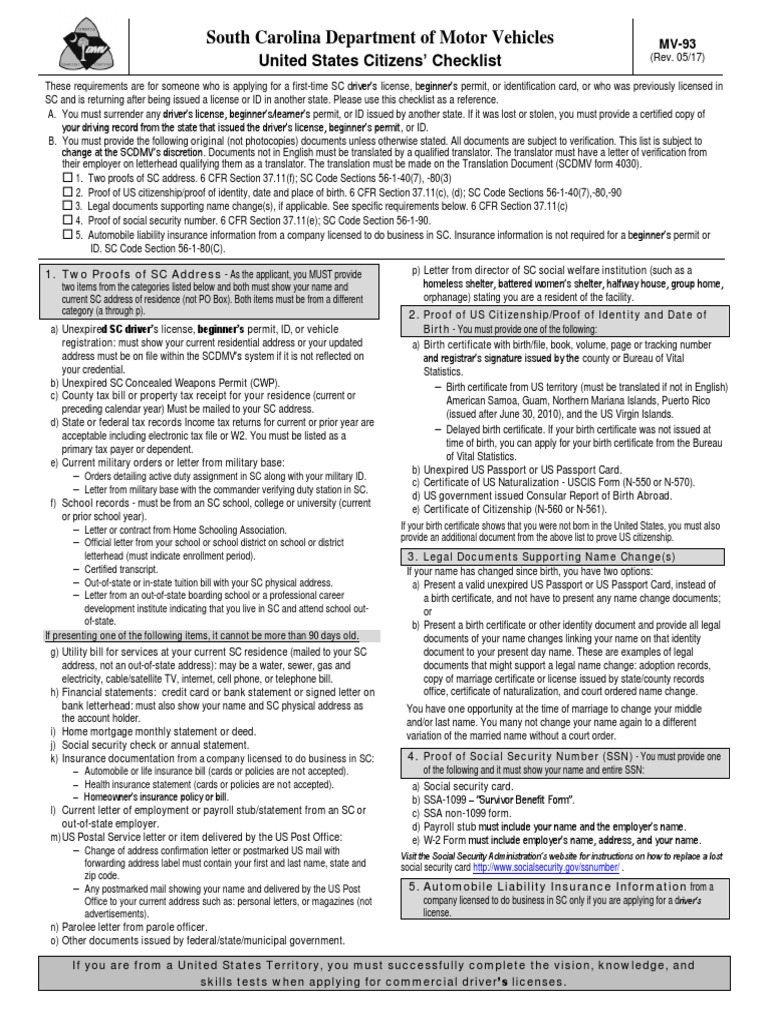 United States Citizens' Checklist (SCDMV Form MV-93) | Birth ...