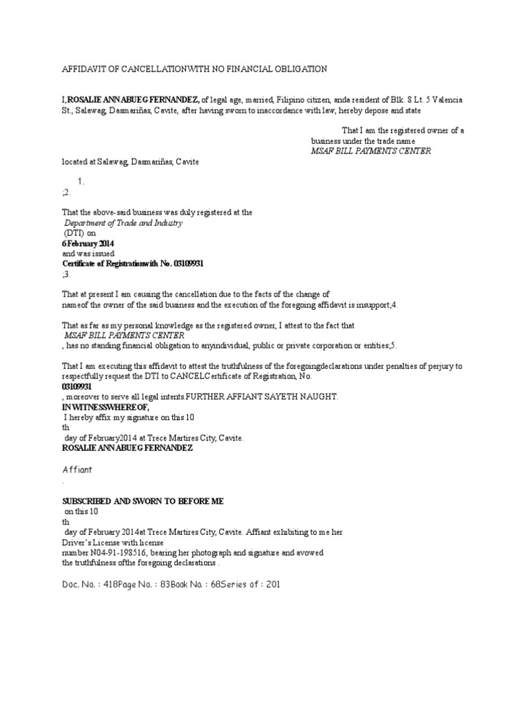 Affidavit of Cancellationwith No Financial Obligation