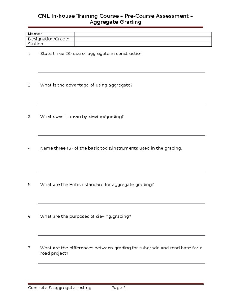CML In-House Training Course - Pre-Course Assessment - Aggregate ...