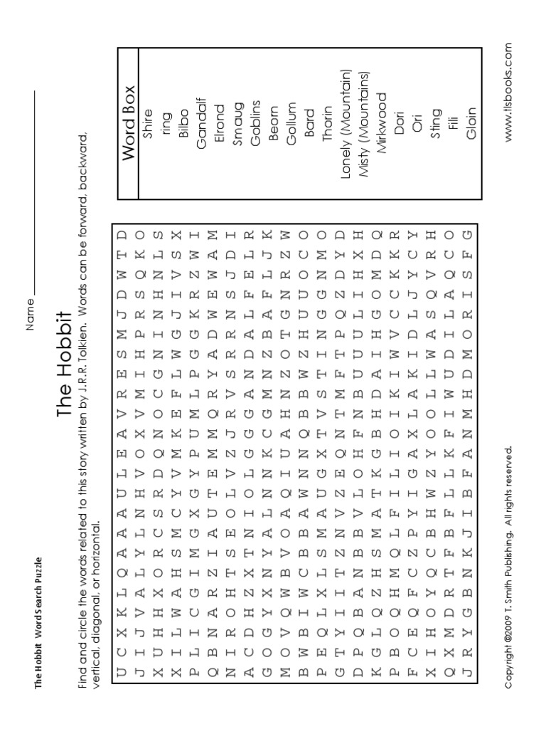 Hobby Word Search | PDF | The Hobbit | Bilbo Baggins