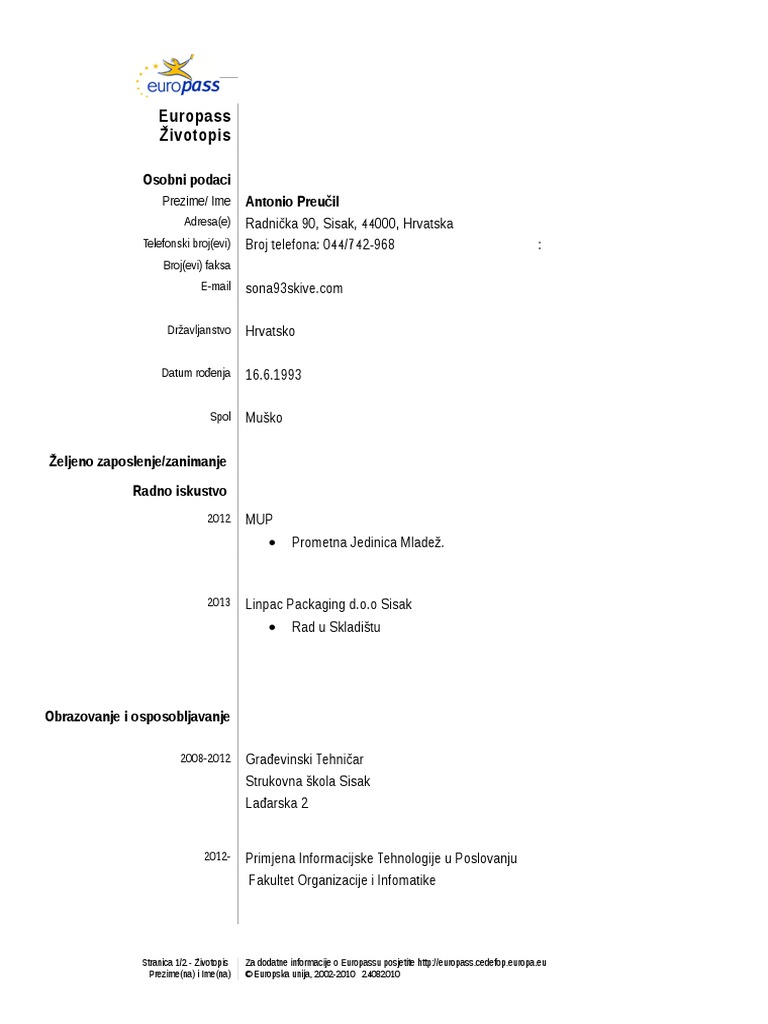 Europass Zivotopis Obrazac | PDF