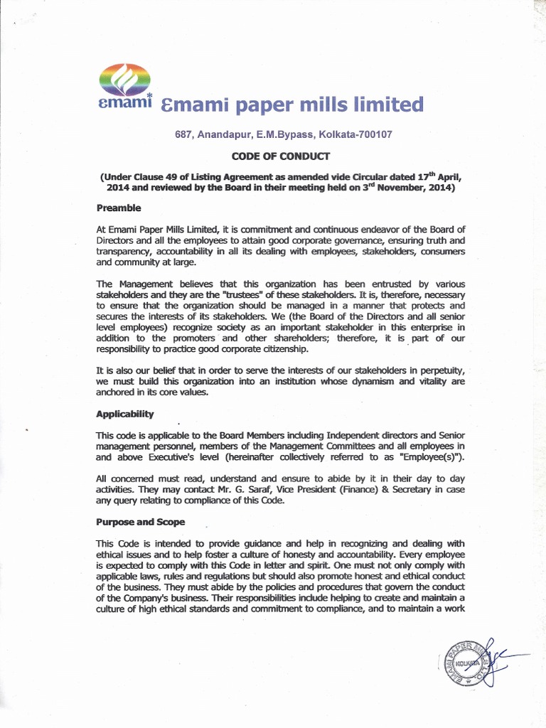 Emami Paper Code of Conduct | Download Free PDF | Board Of Directors | Risk Management
