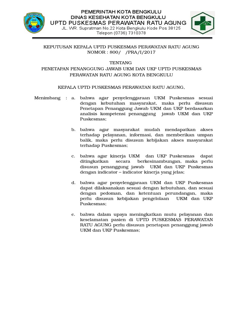 2.3.1.2 SK Kepala Puskesmas Tentang Penetapan Penanggung Jawab Program (UKM Dan UKP) Di ...