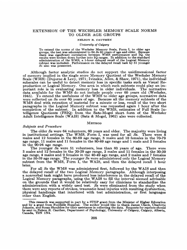 Extending the Norms of the Wechsler Memory Scale to Evaluate Memory ...