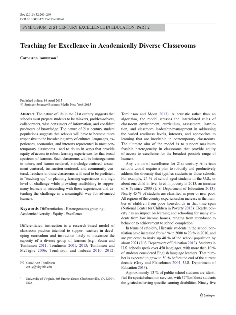 Teaching For Excellence in Academically Diverse | PDF | Teachers | Learning