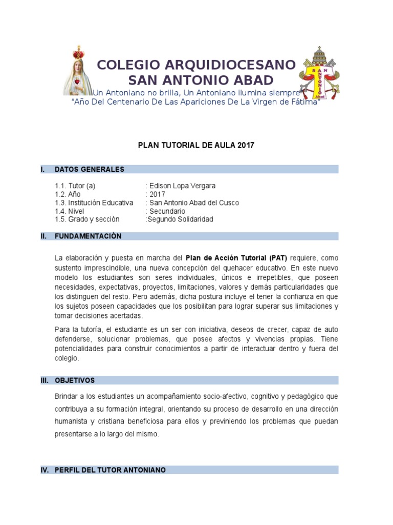 Plan Tutorial de Aula 2017 Modelo | PDF | Maestros | Aprendizaje